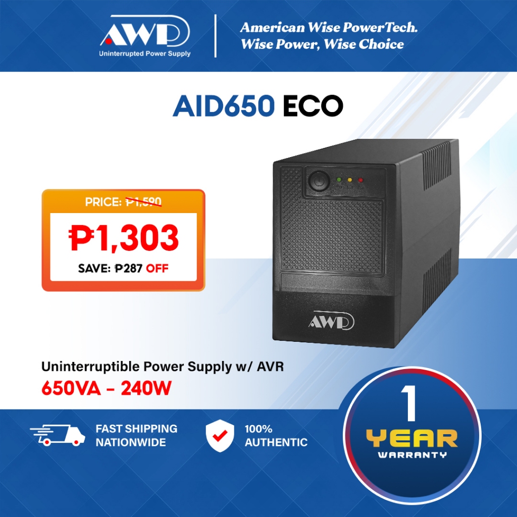 AWP AID 650 ECO 650VA/ 240W UPS with AVR Uninterruptible Power Supply ...