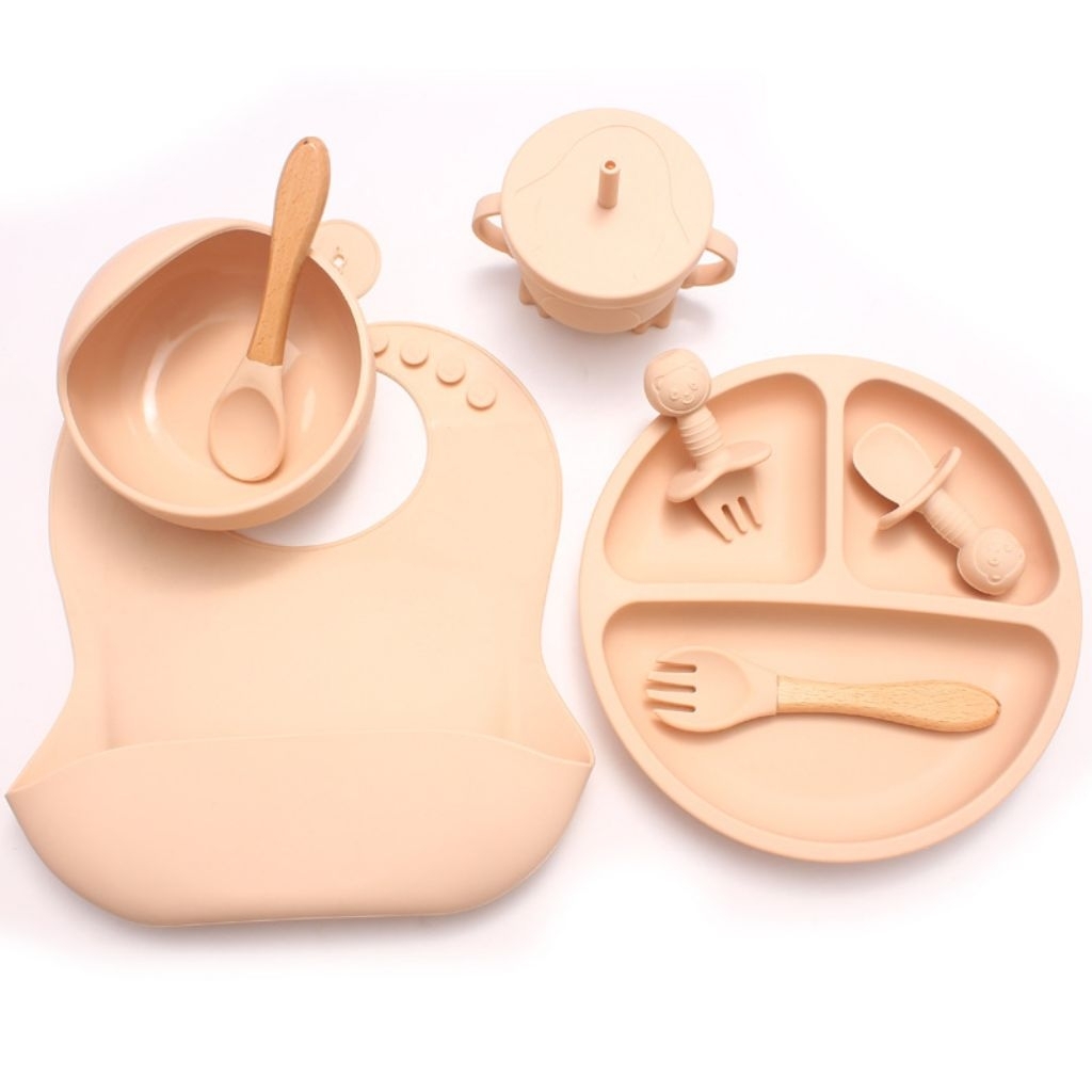 8pcs Silicone Feeding Essential Baby Tableware Utensils Baby plate set ...