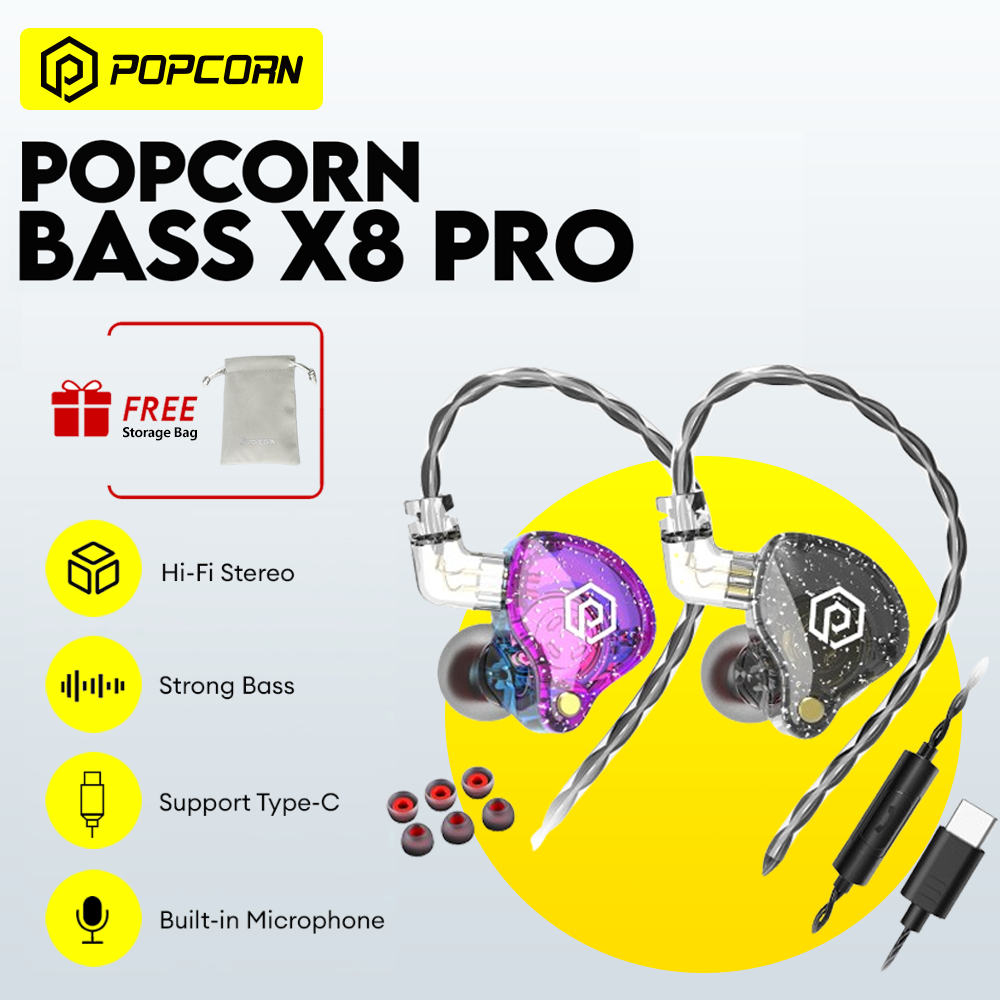 Popcorn BASS X8 PRO High Bass HiFi In-Ear Earphones Removable Mic Type ...