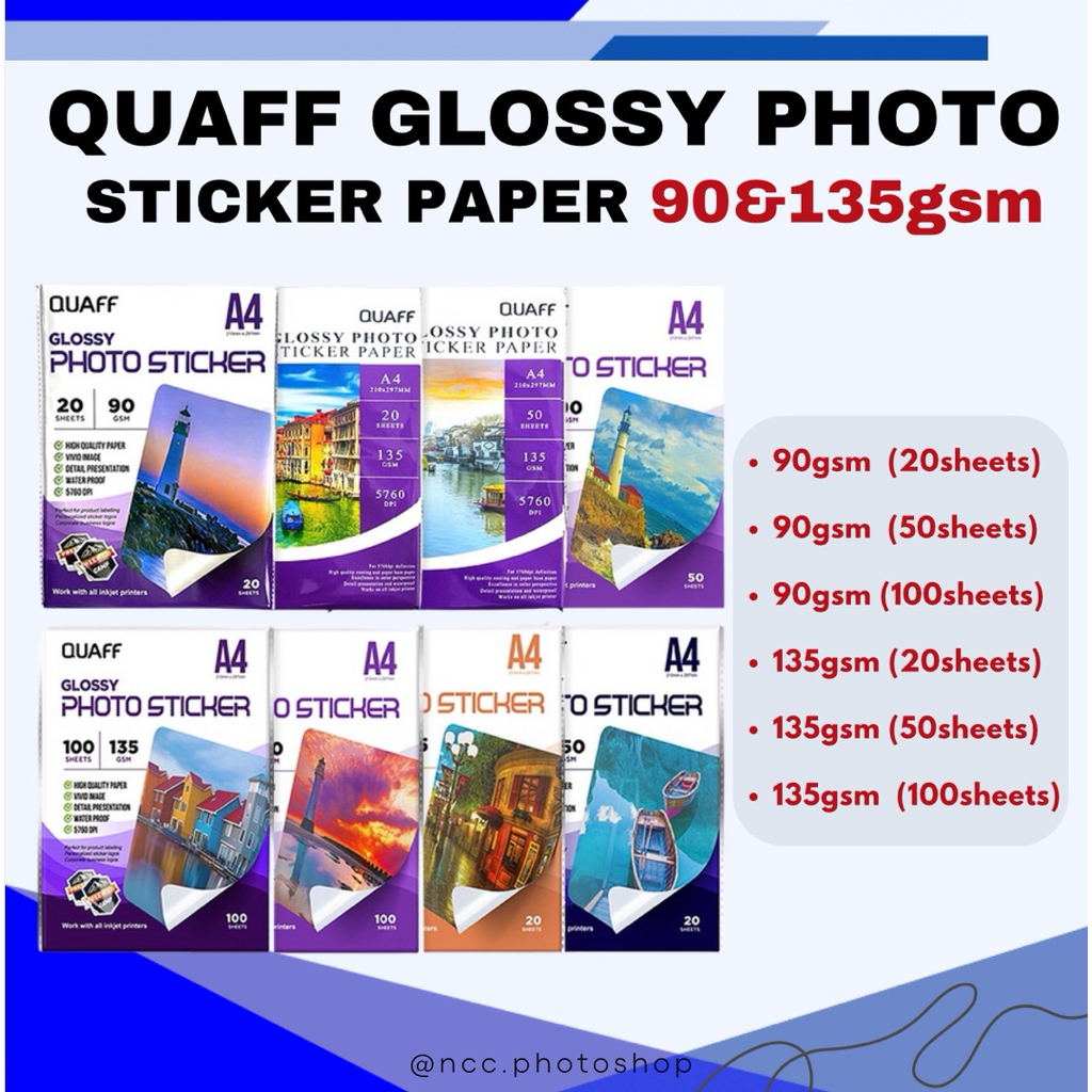 Quaff Glossy/Matte Photo Sticker Paper 20/50/100sheets 90&135gsm ...