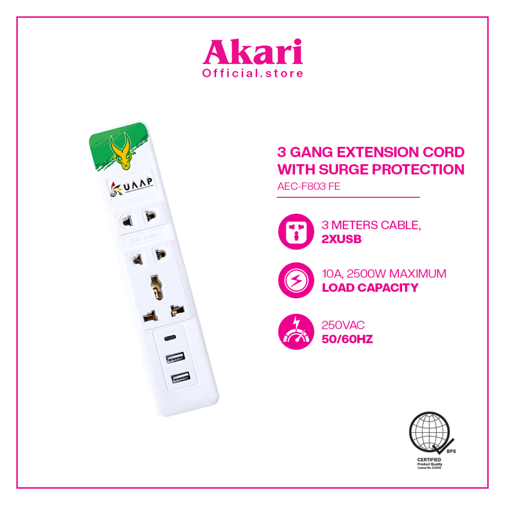 AKARI X UAAP [ FEU] 3-Gang 3M Extension Cord with 2USB/1TYPE C Port ...