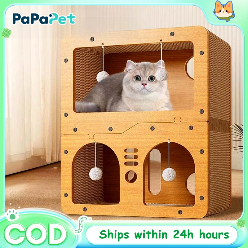 Wooden Cat Scratcher House Extra-Large 2-in-1 & Bed – Wear-Resistant ...