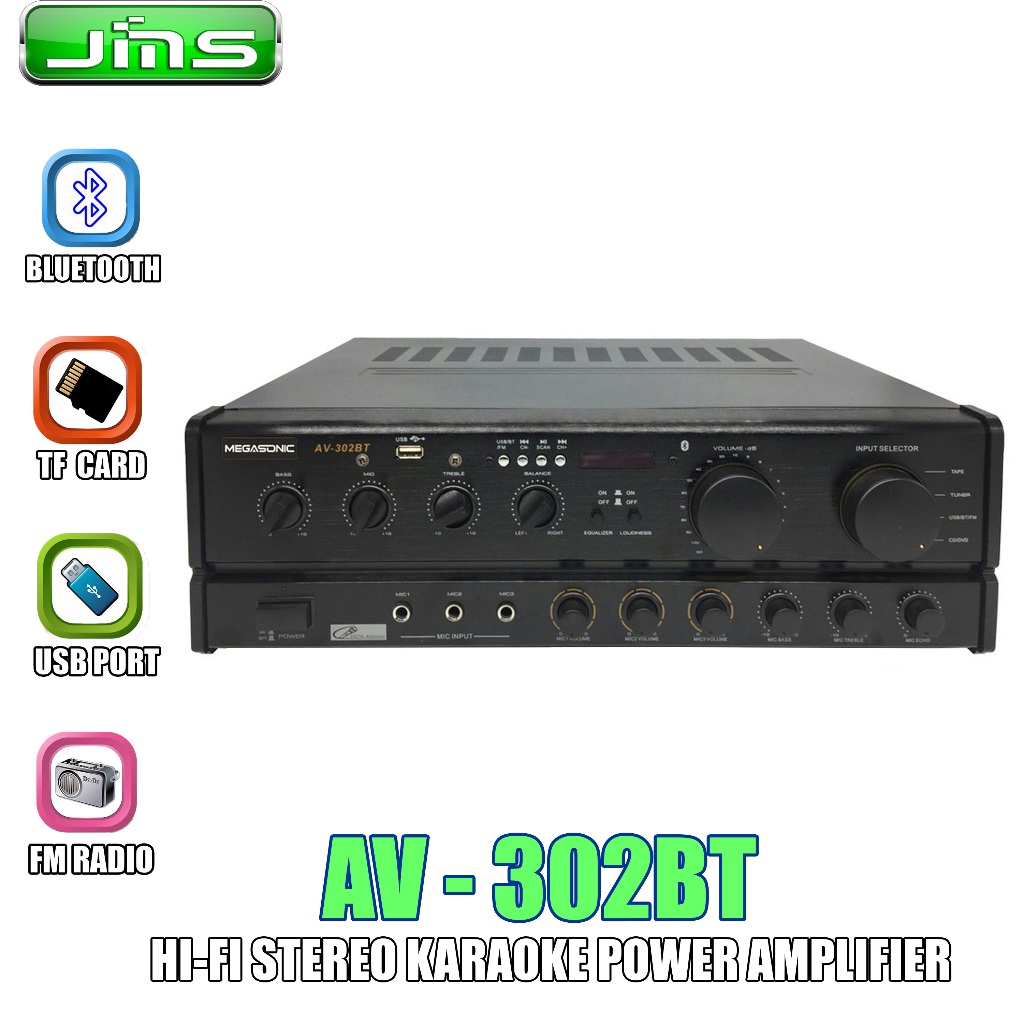 JMS AV-302 BT POWERFUL STEREO AMPLIFIER WITH 200-WATT OUTPUT PER ...