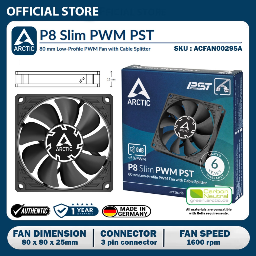 ARCTIC P8 Slim PWM PST - PC Fan, 80mm Case Fan, optimised for Static ...