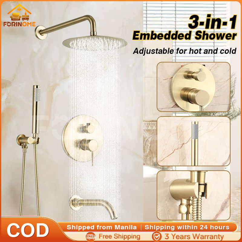 3-in-1 Embedded Brass Brushed Gold Bathroom Shower Set Square round ...