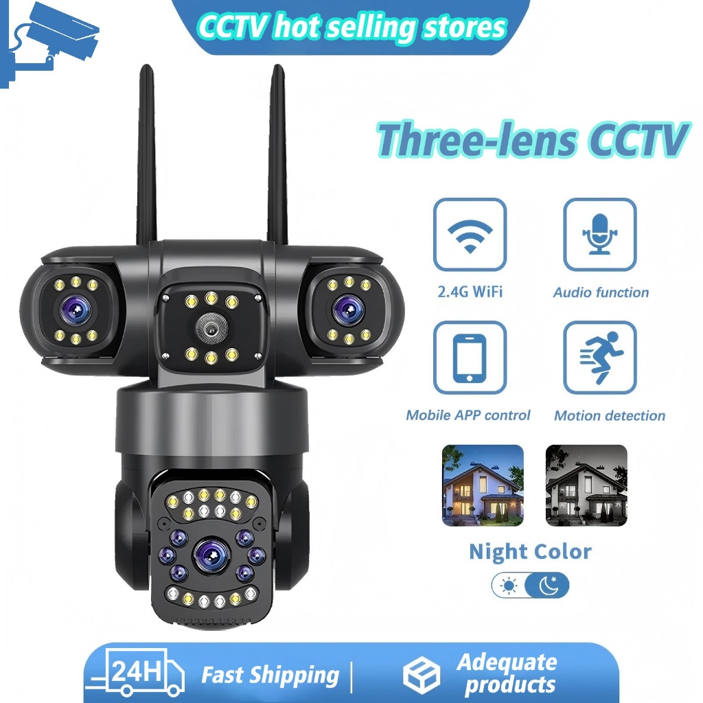 Three Lens CCTV Camera 4K 6MP+6MP+6MP Outdoor Waterproof PTZ Wireless ...