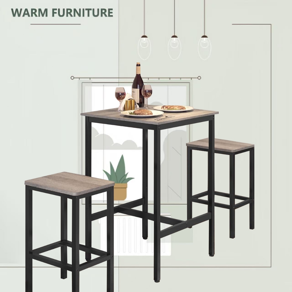 3PCS Bar Table Set with Metal Frame, Kitchen Dining Table with 2 Chairs ...