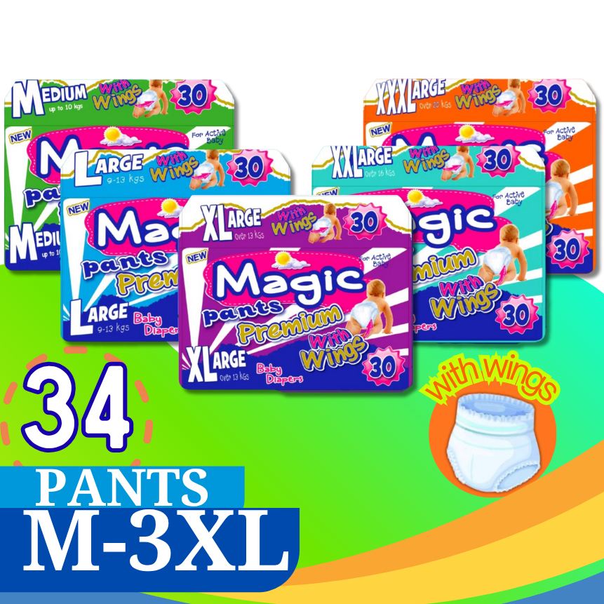 MAGIC PANTS PREMIUM BABY DIAPER WITH WINGS by 30+4free pads (MEDIUM ...