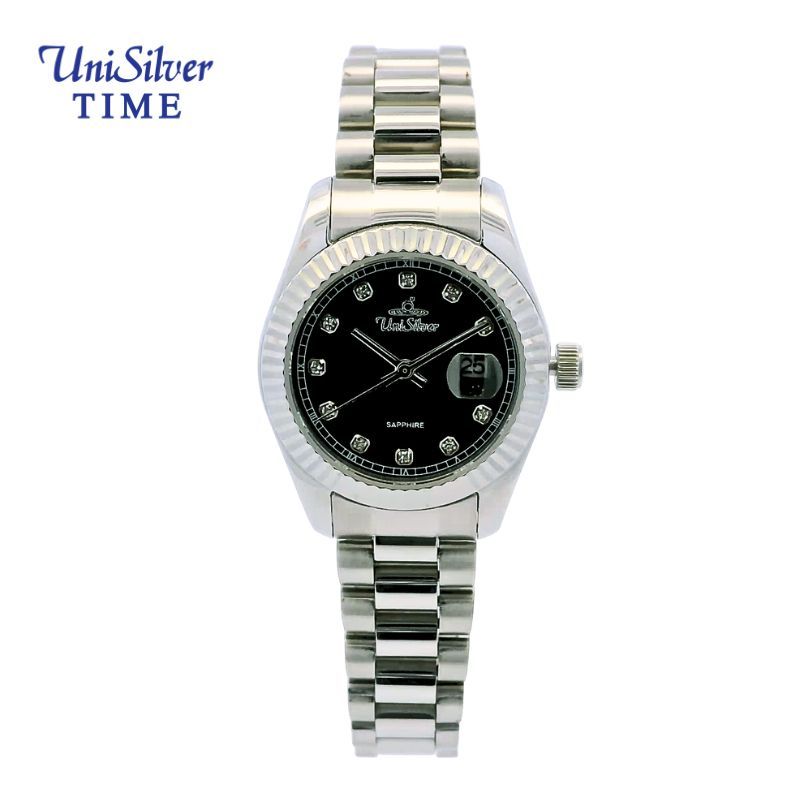 UniSilver TIME Women's Silver /Black Sapphire Glass Analog Stainless ...