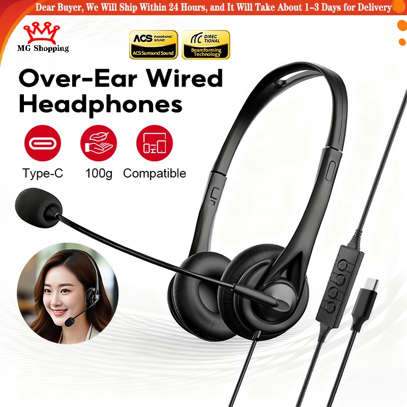 TYPE-C Wired Headset Call Center Headphone With Noise Cancellation ...