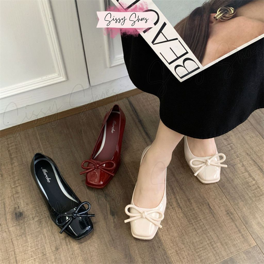 Sissy Shoes Store Women's Cute Glossy Thick High-Heeled Bow Casual With ...