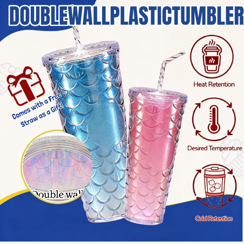 Double Wall Plastic Tumbler – Mermaid Pearl Fish Scale Design with ...