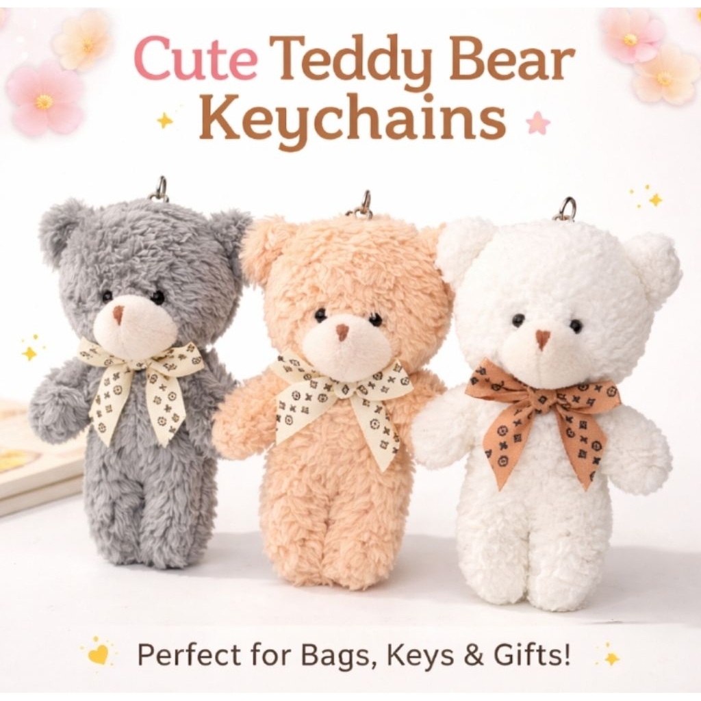 Plush Teddy Bear Keychain Multipurpose 12cm Cute Stuffed Toy with Bow ...