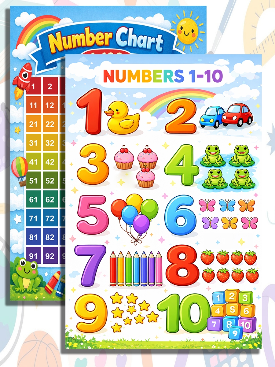 Numbers 1-10 & 1-100 Chart A4 Laminated | Kids Learning Poster ...