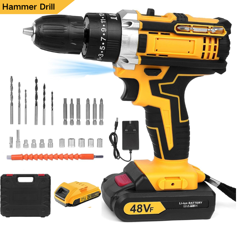 48V Cordless Hammer Drill Impact Drill Strong Load With with 2 Battery ...