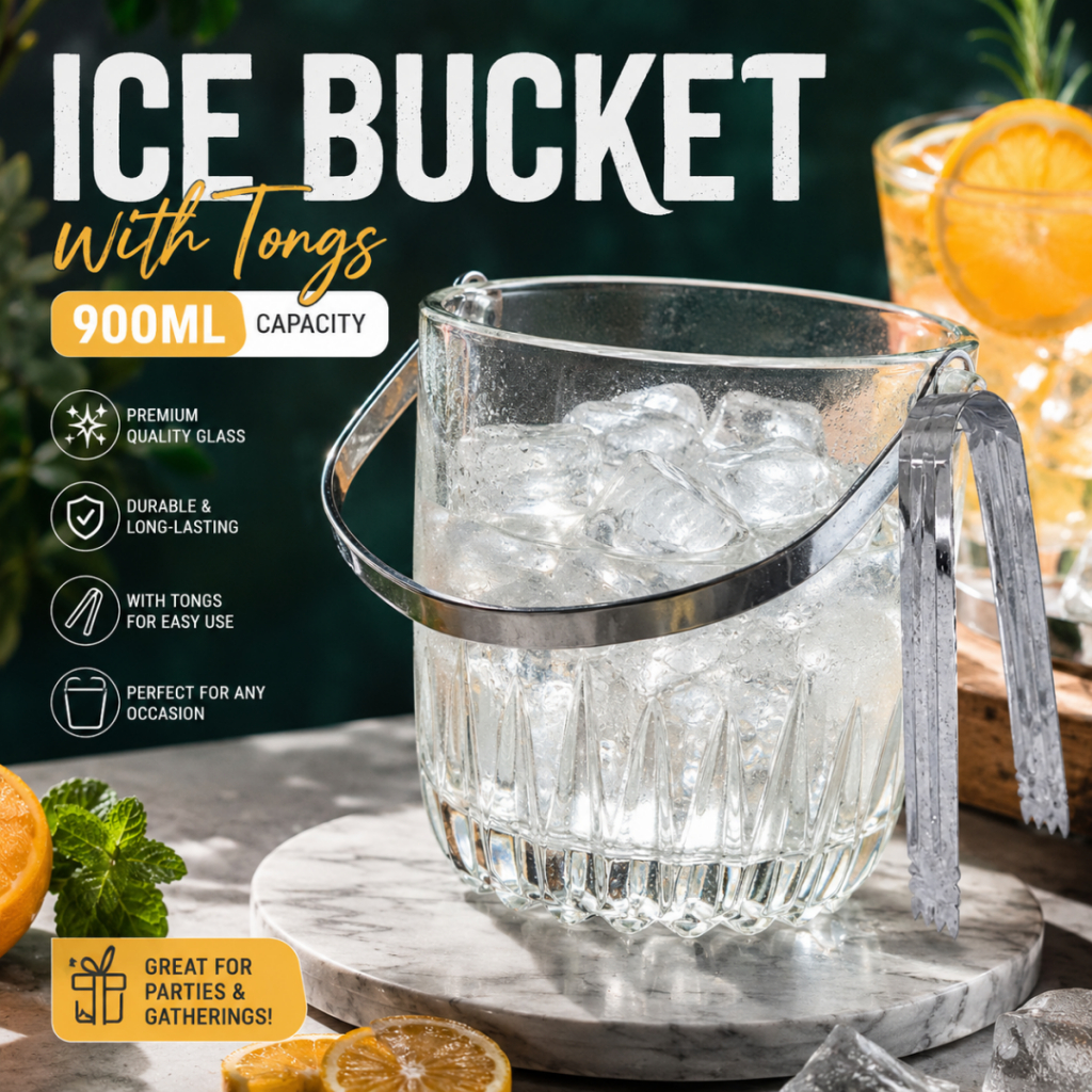900ml Crystal Clear Glass Ice Bucket with Metal Handle & Tongs | Shopee ...