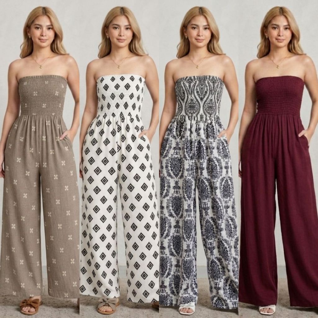 【MISS YOU】Owla Women's Fashion Smocked Tube Jumpsuit Wideleg Style ...