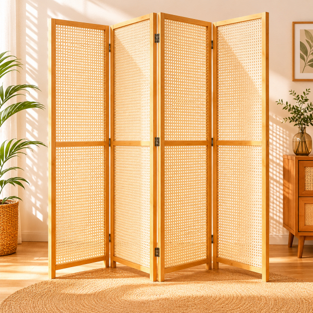 Foldable Bamboo Room Partition Screen with Woven Rattan Panel for Home ...