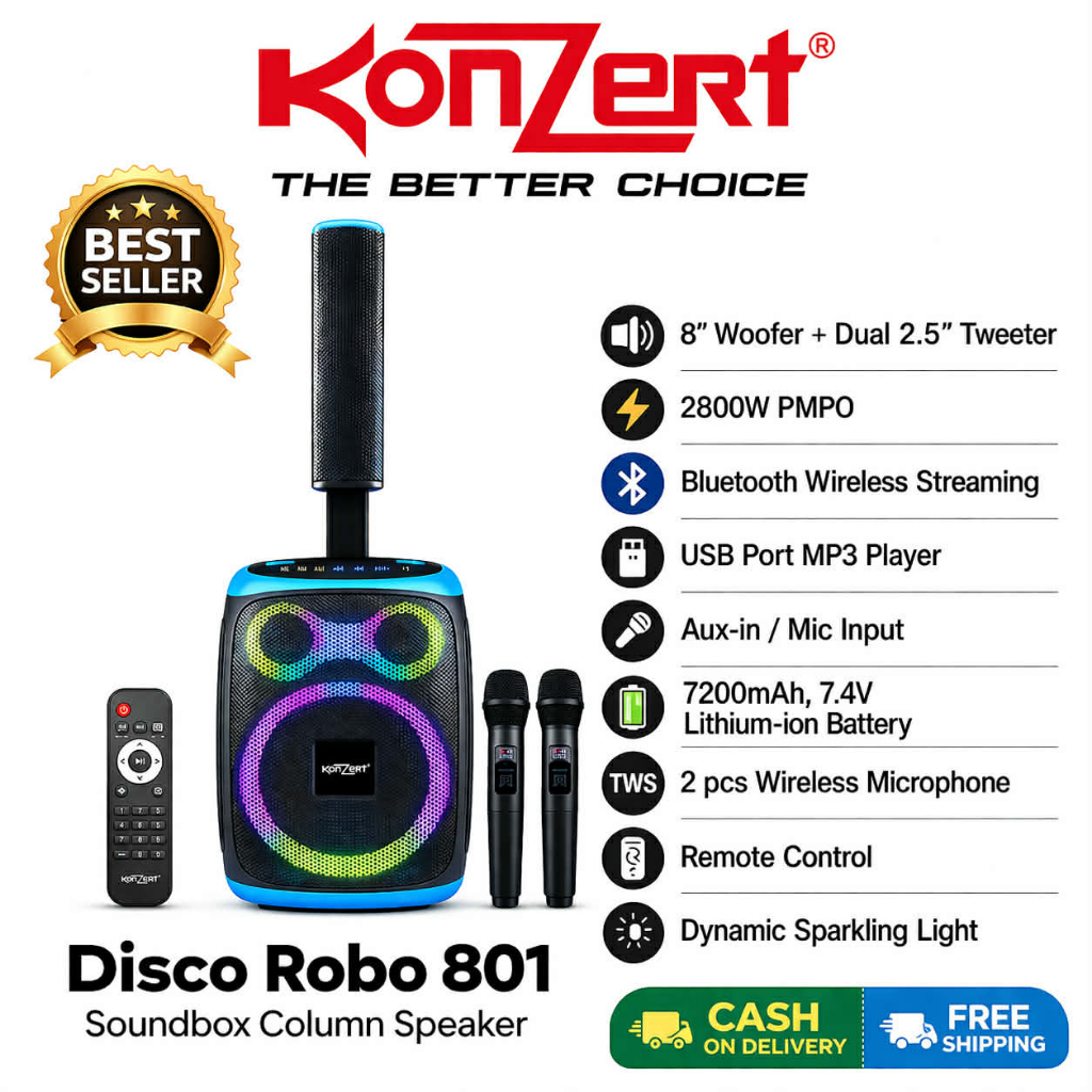 Konzert Disco Robo 801 Bluetooth Speaker w/ 2 Wireless Mic TWS Portable ...