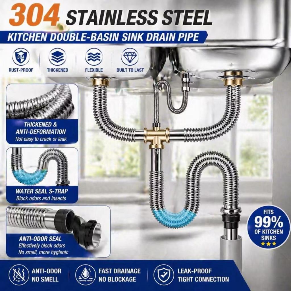 Kitchen Sink Drain Pipe 304 Stainless Steel Double-slot Drainer Prevent ...