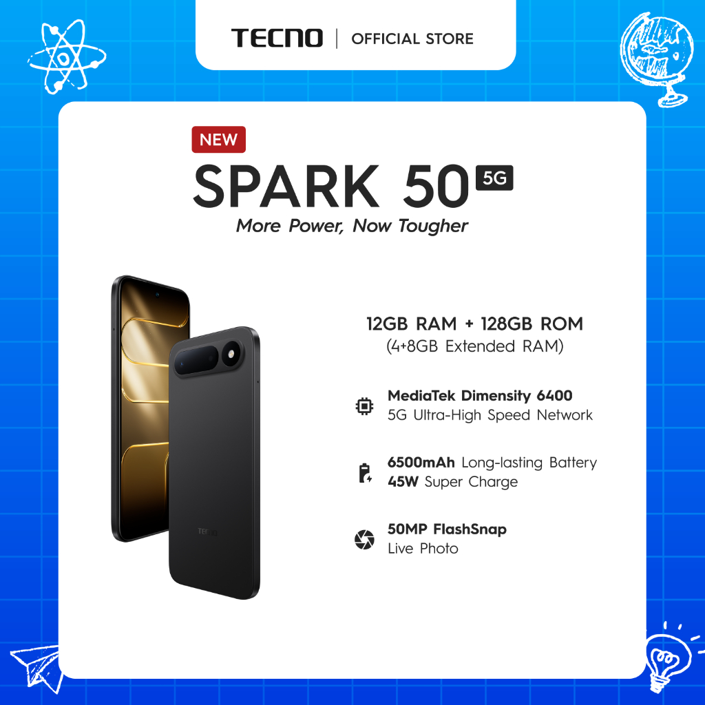 [NEW] TECNO Spark 50 5G 12GB (4+8)+128 | MTK D6400 5G | 6500mAh 45W ...