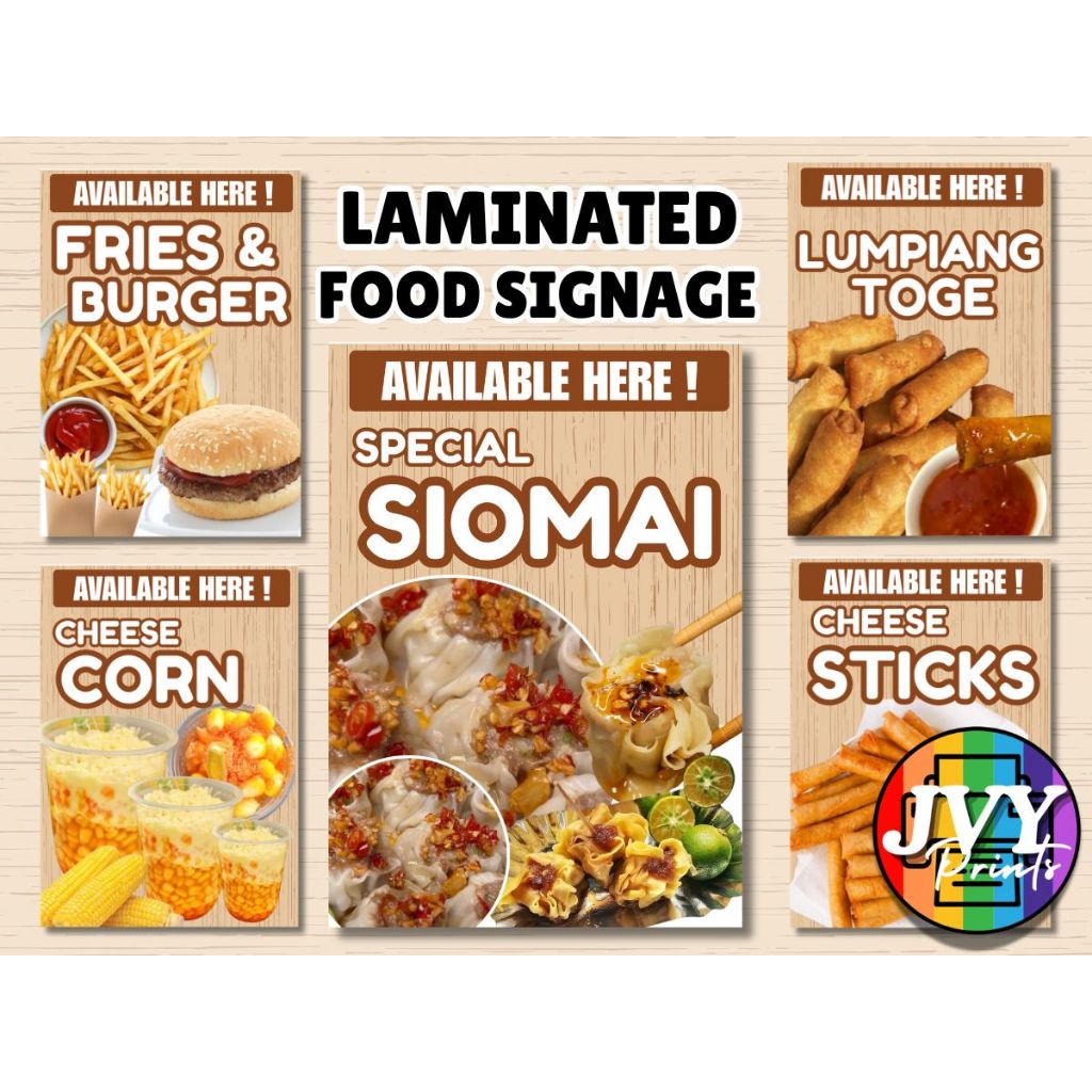 Laminated food signage/siomai/price and burger/lumpiang toge/cheese ...