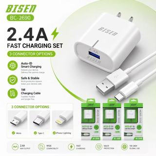 Bisen BC-2690 2.4A USB Wall Fast Charger with Cable for Micro Type-C ...