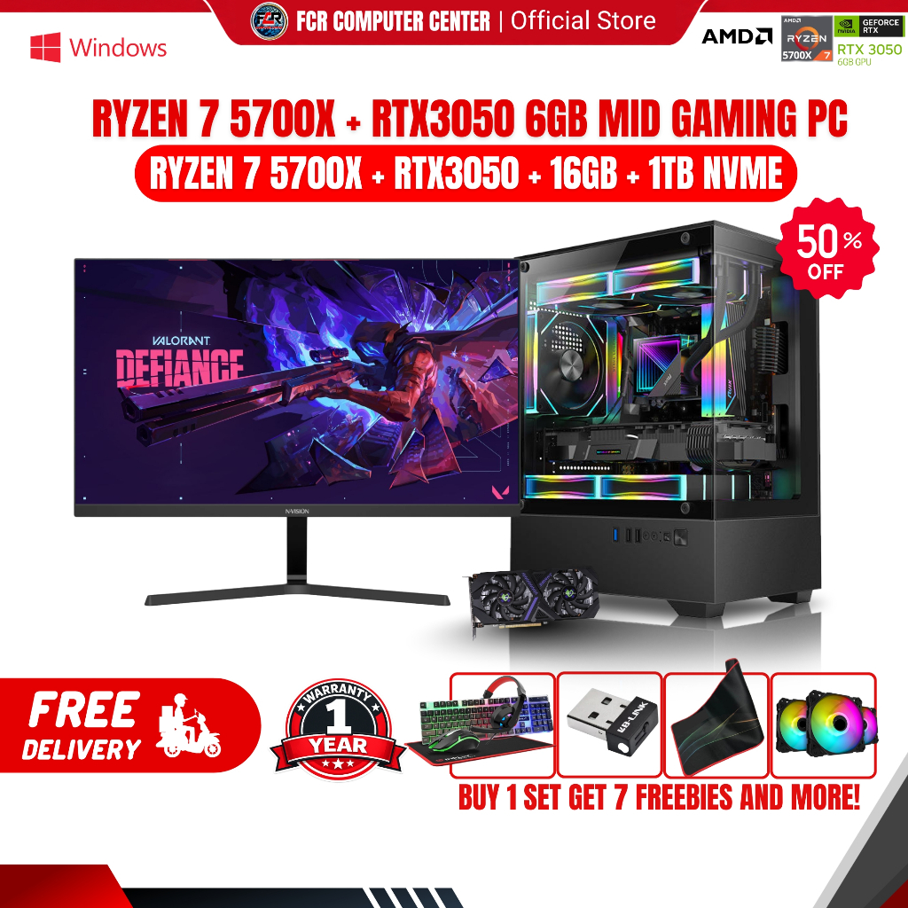 RYZEN 7 5700X RTX3050 6GB GDDR6 16GB DDR4 1TB NVME MID GAMING PC SET ...