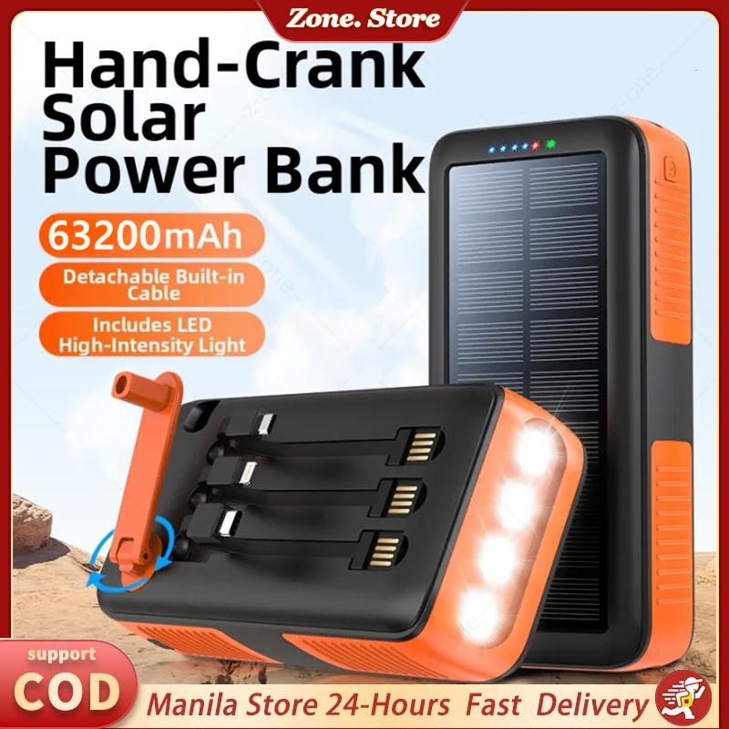 63200mAh Solar Portable Hand-Crank Power Bank with 2 USB Ports, Backup ...