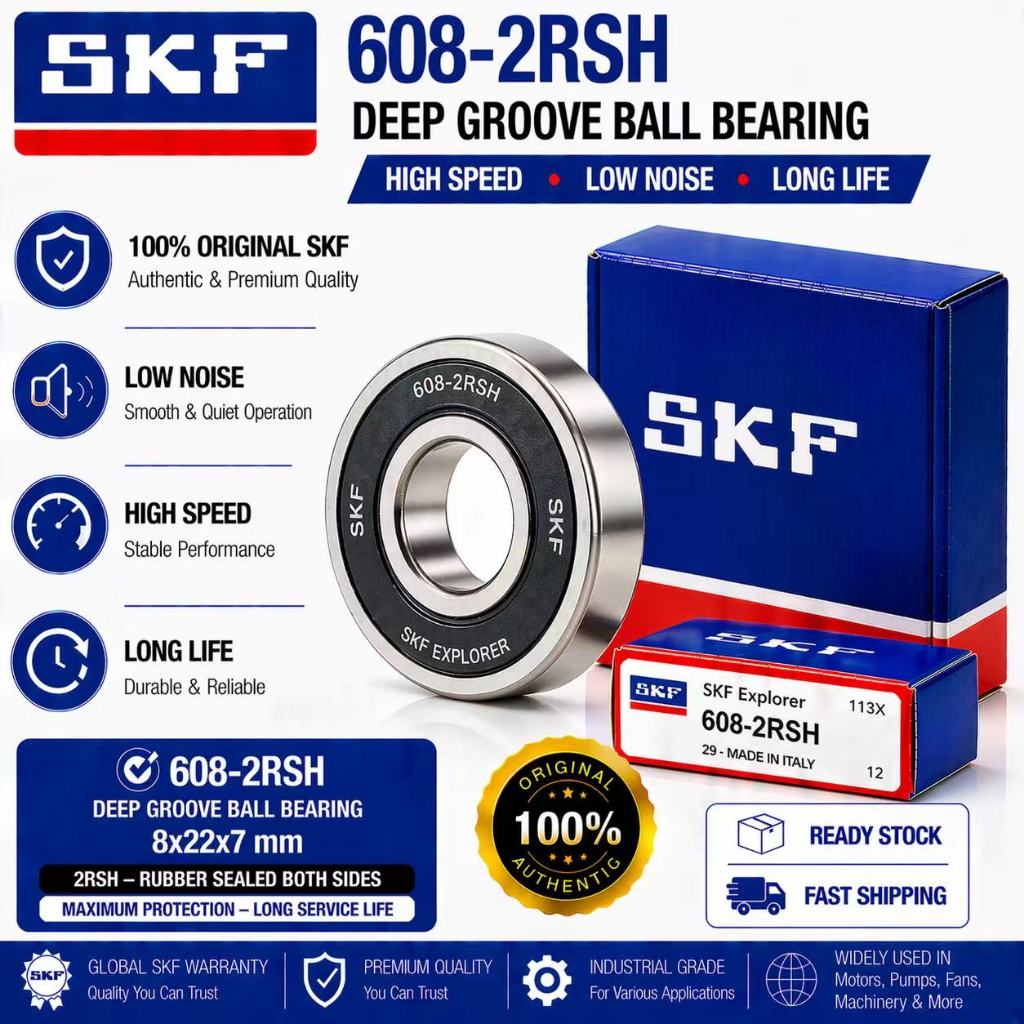 SKF 608-2RSH Heavy Duty Deep Groove Ball Bearing (Double Rubber Seals ...