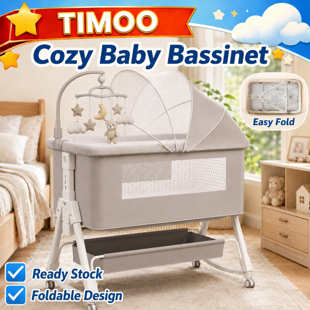 Crib for Baby Cradle With Mosquito Net Adjustable Foldable Wood Grain ...