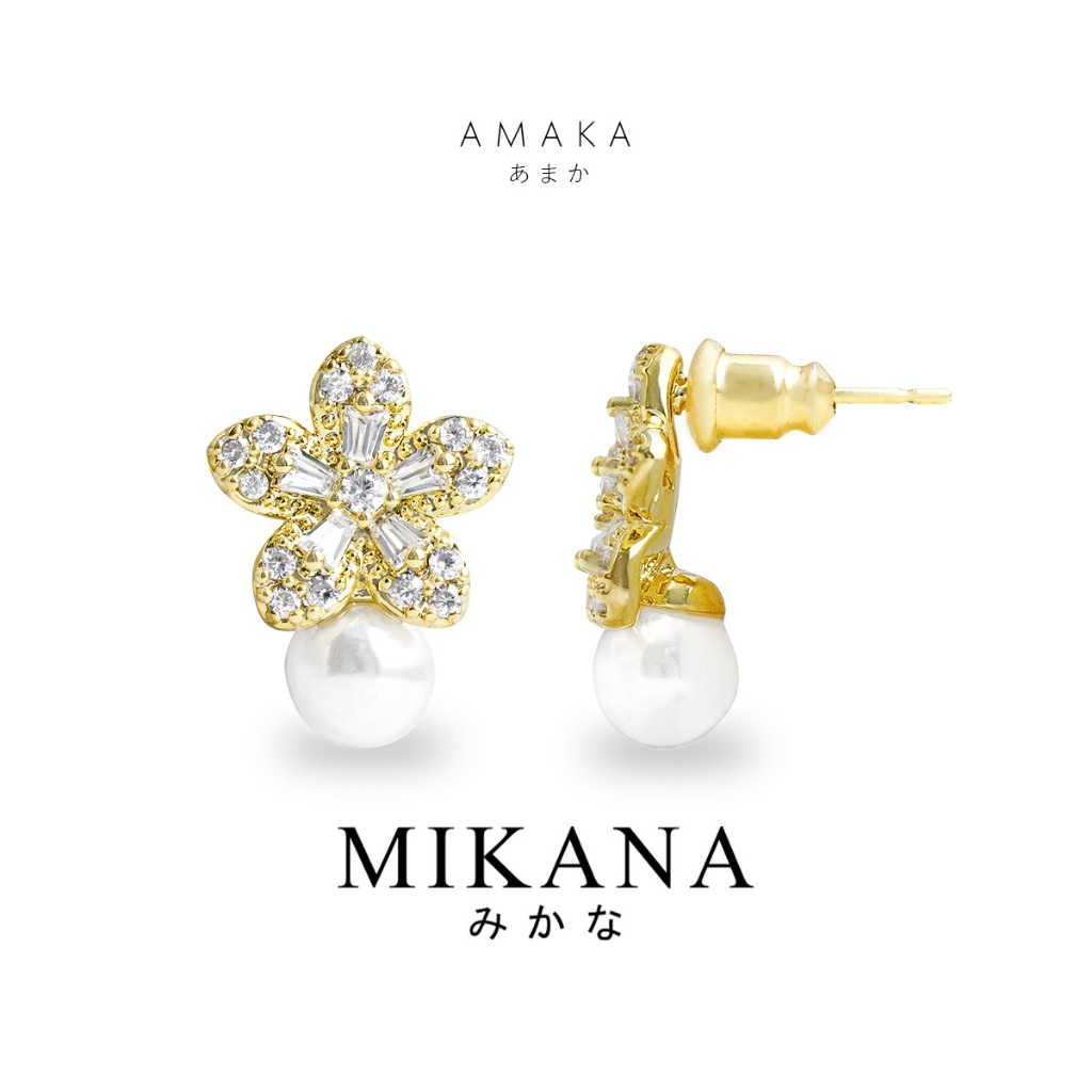 Mikana Floressa Amaka Gold Plated Stud Earrings for women flower pearl ...