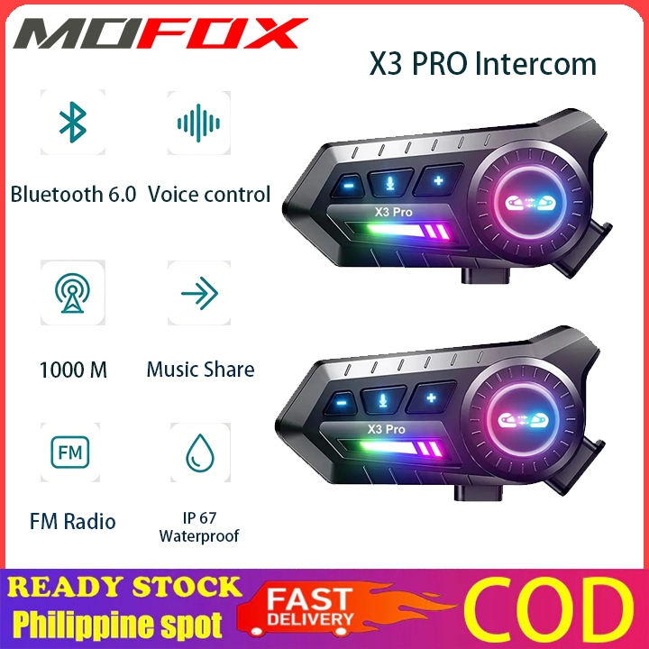 MOFOX X3 Pro Motorcycle Helmet Intercom Headset Music Share Rider ...