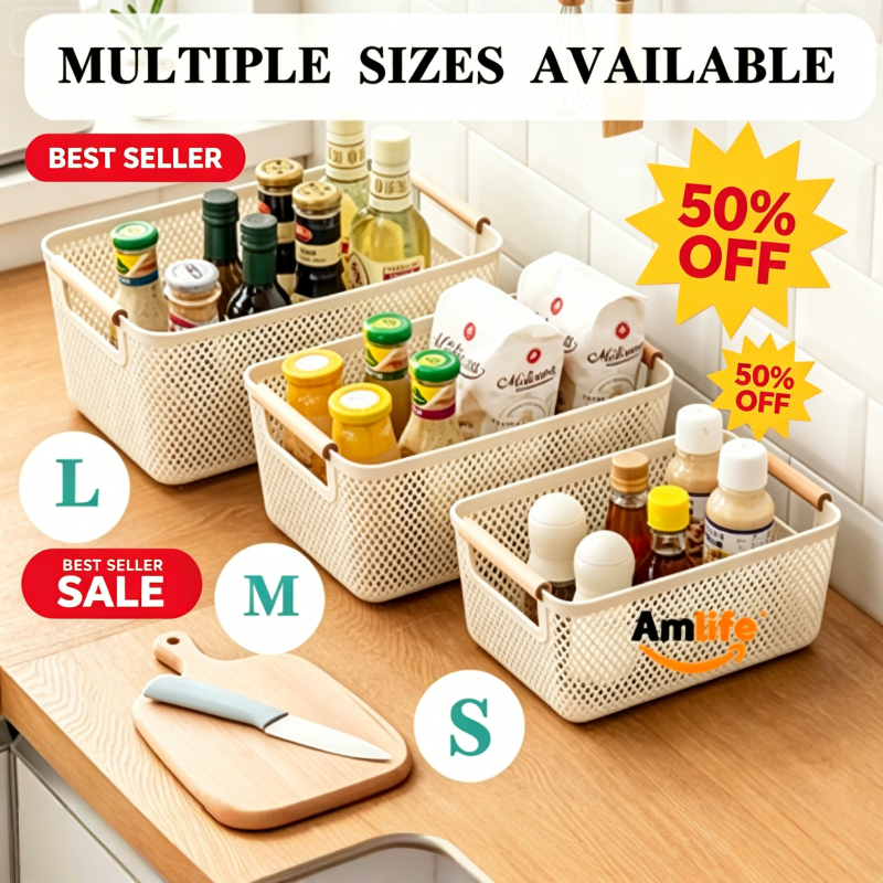 Storage Basket with Wooden Handle Organizer Box Kitchen Desktop ...