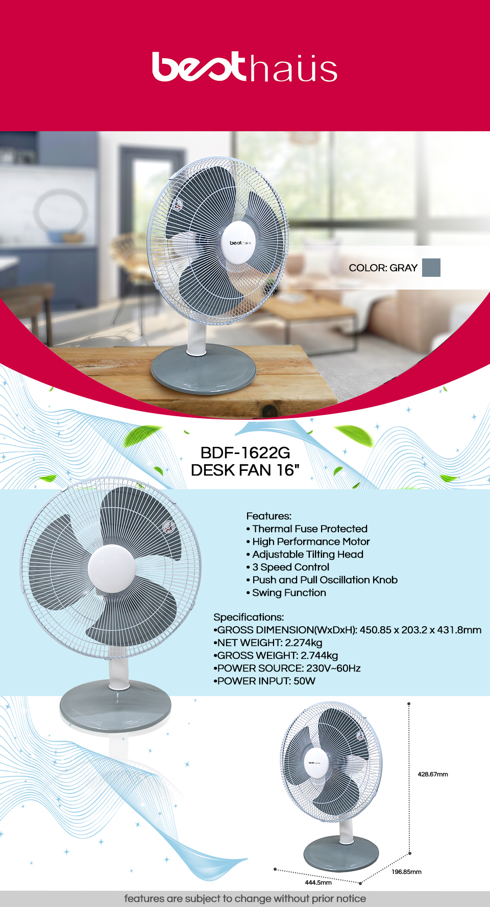Besthaus BDF-1622G Desk Fan 16" Gray | Shopee Philippines