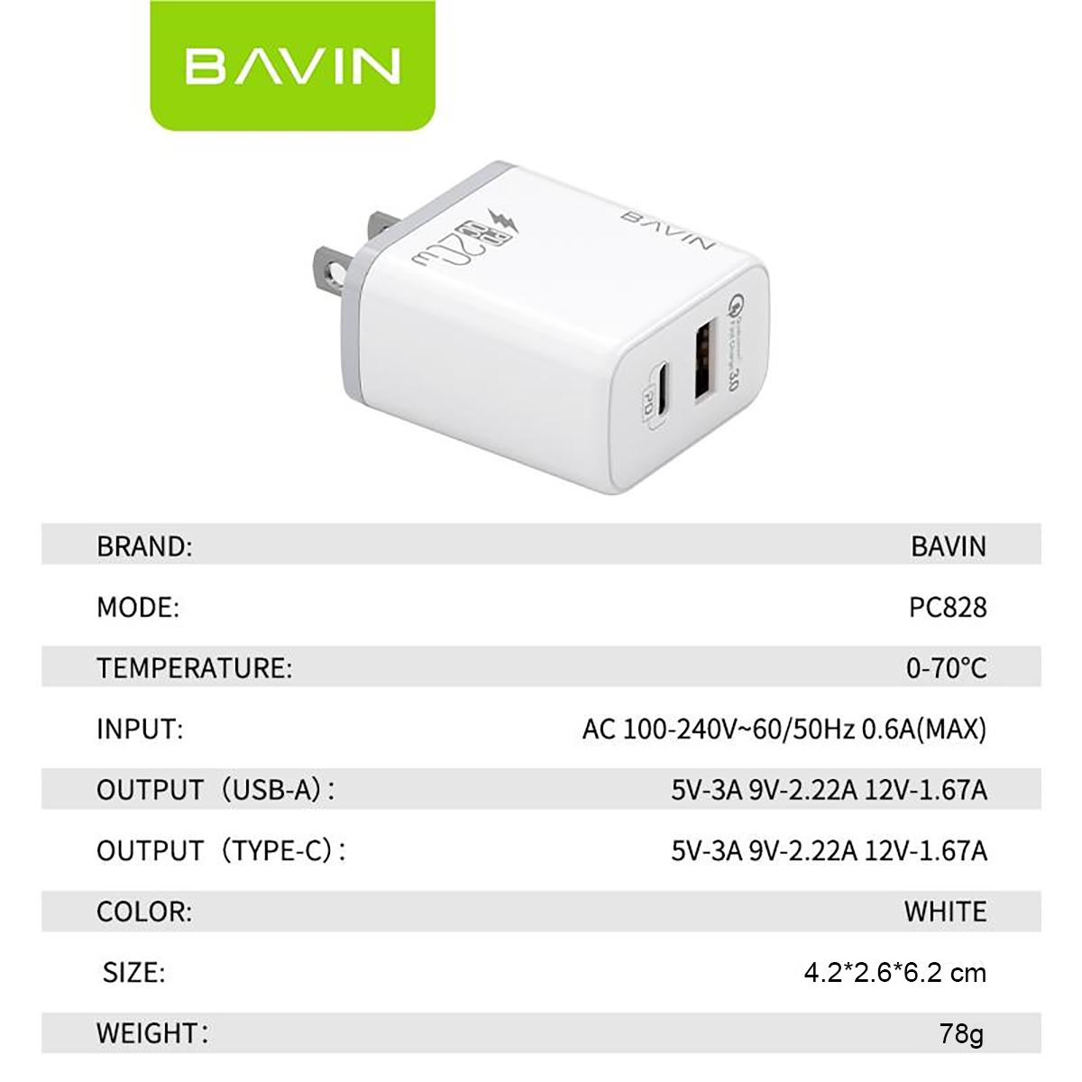 BAVIN PC828 / PC827 20W PD Fast Charging Charger Dual Type-C & USB Port ...