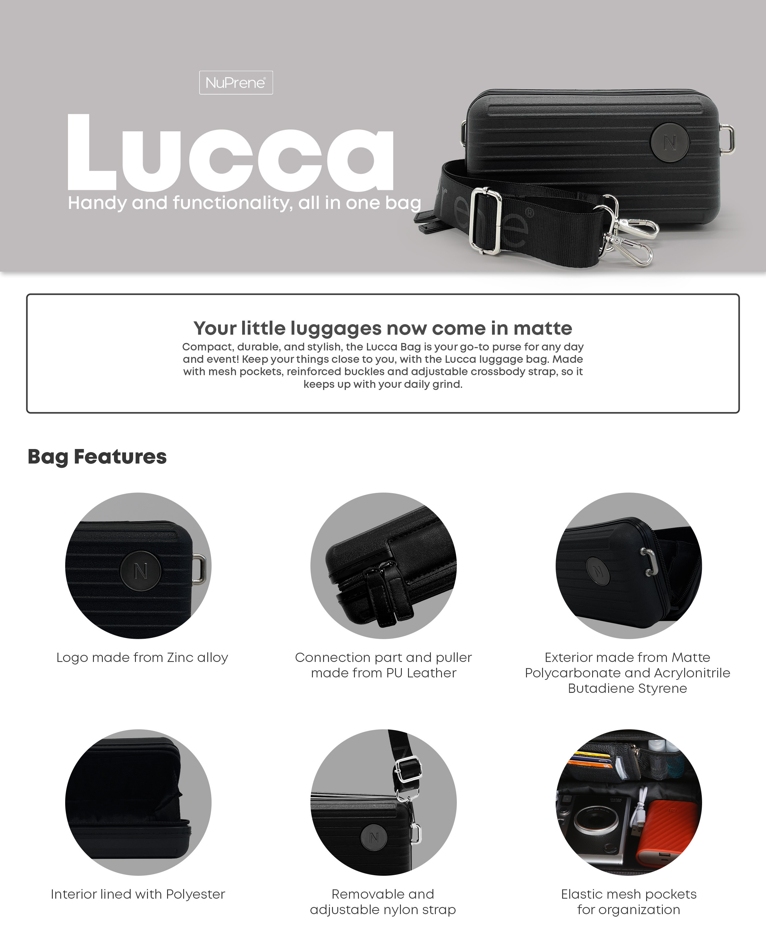 NuPrene - The Lucca Bag - Robust Mini Travel Bag in Black - With Protective Hardshell Case ...