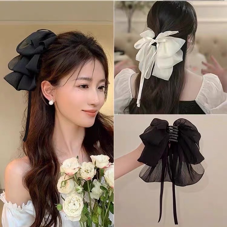 French Gentle Temperament Large Ribbon Bow Hair Clamp Multi-layer ...