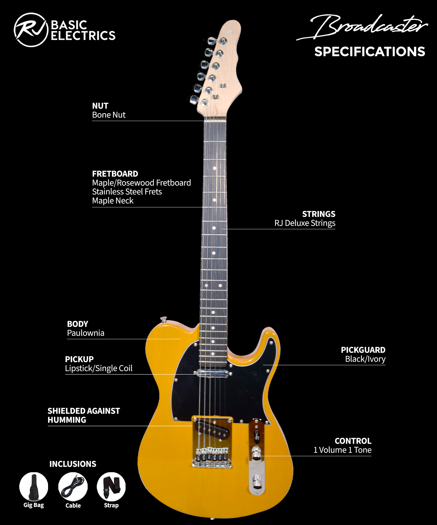 RJ Basic Electrics - Broadcaster Electric Guitar with Bag, Cable, Strap ...