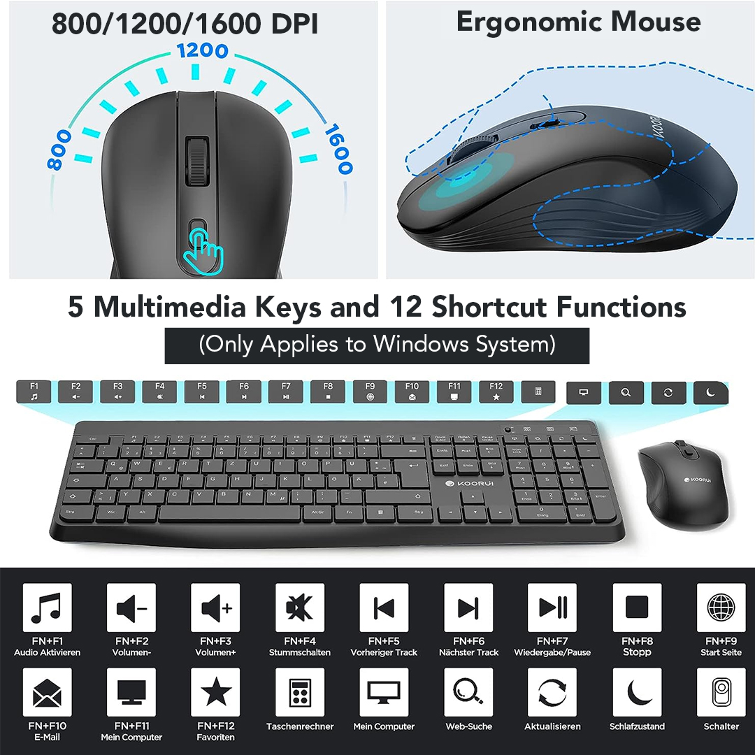 KOORUI BK0104 Wireless Keyboard and Mouse Combos, 2.4G Silent Full Size ...