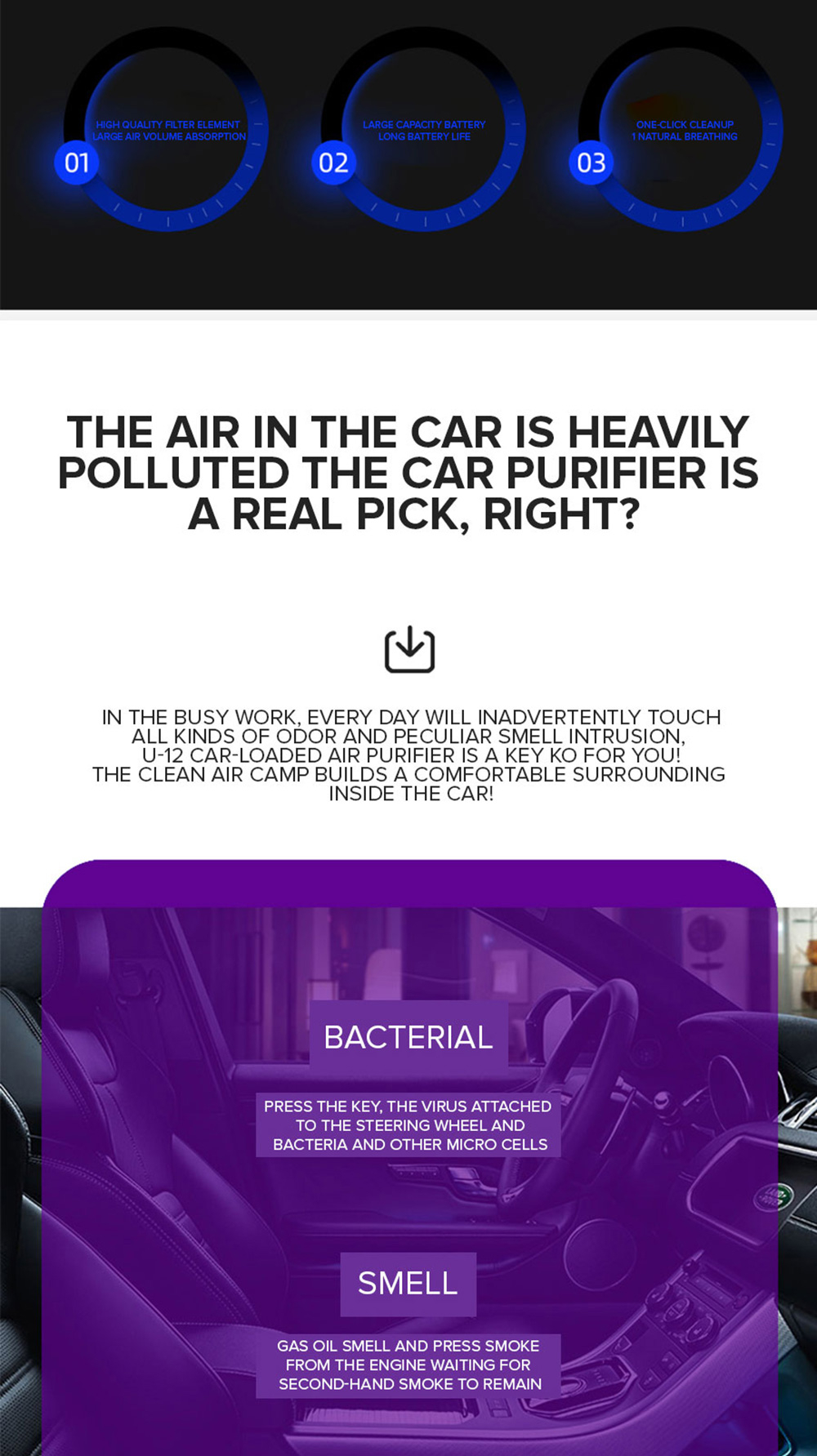Tylex XF26 Portable Mini Car Air Purifier Effective Air HEPA Filter ...