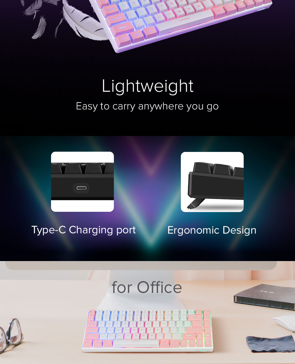 Tylex XZ68 Membrane RGB Backlit Wireless Rechargeable Gaming Keyboard ...