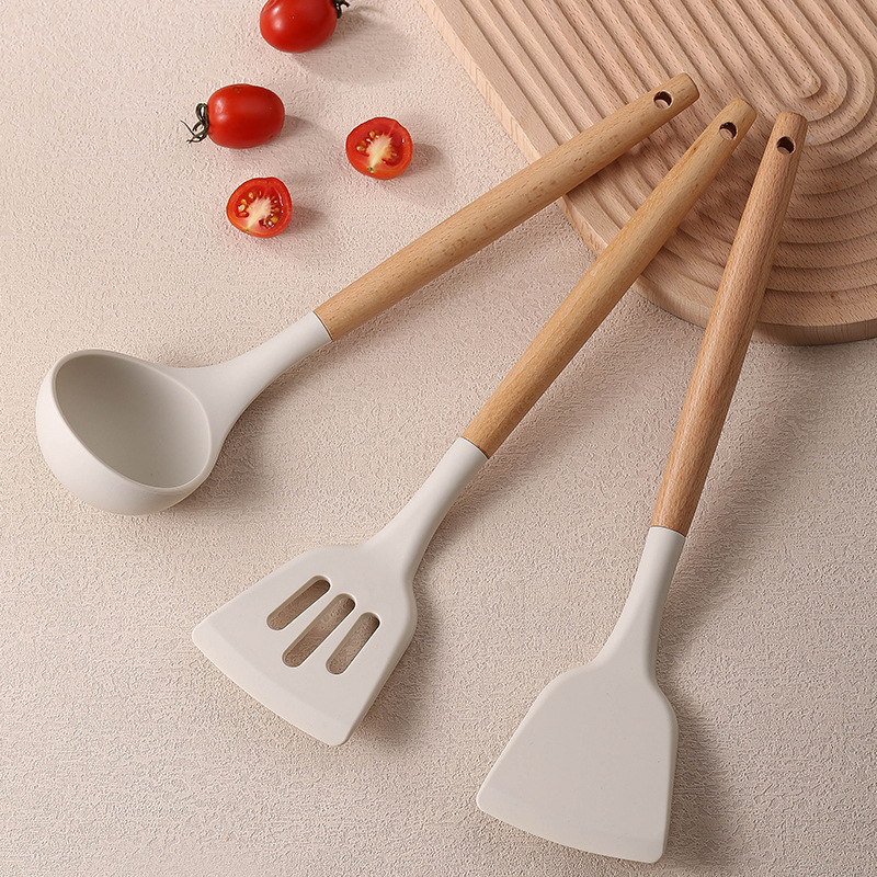 Wooden Handle White color Non stick Food Grade Silicone Kitchen ...