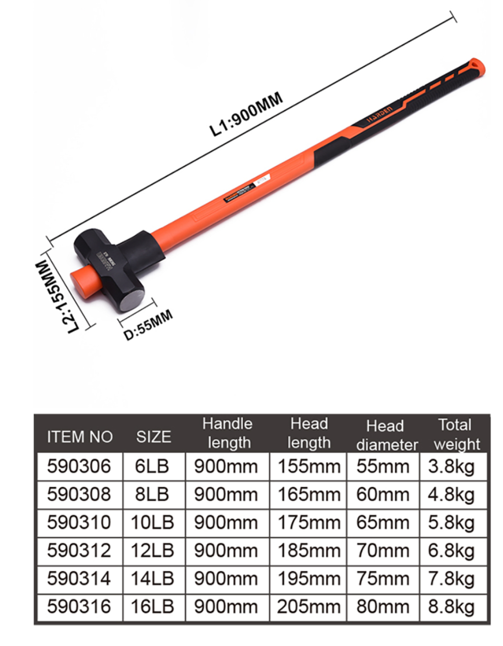 Harden 6lb - 16lb Sledge Hammer Fiberglass Handle Forged fine grain ...