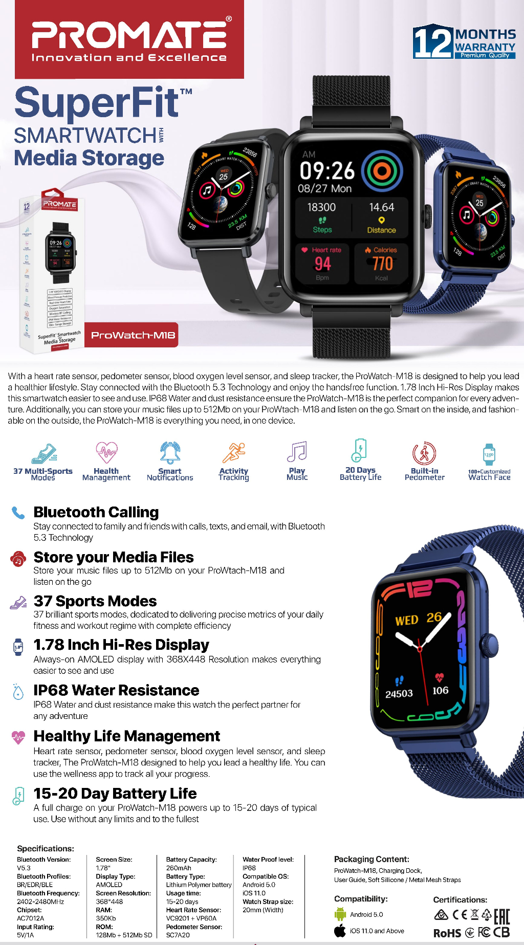 Promate ProWatch-M18 SuperFit™ Smartwatch with Media Storage | Shopee ...