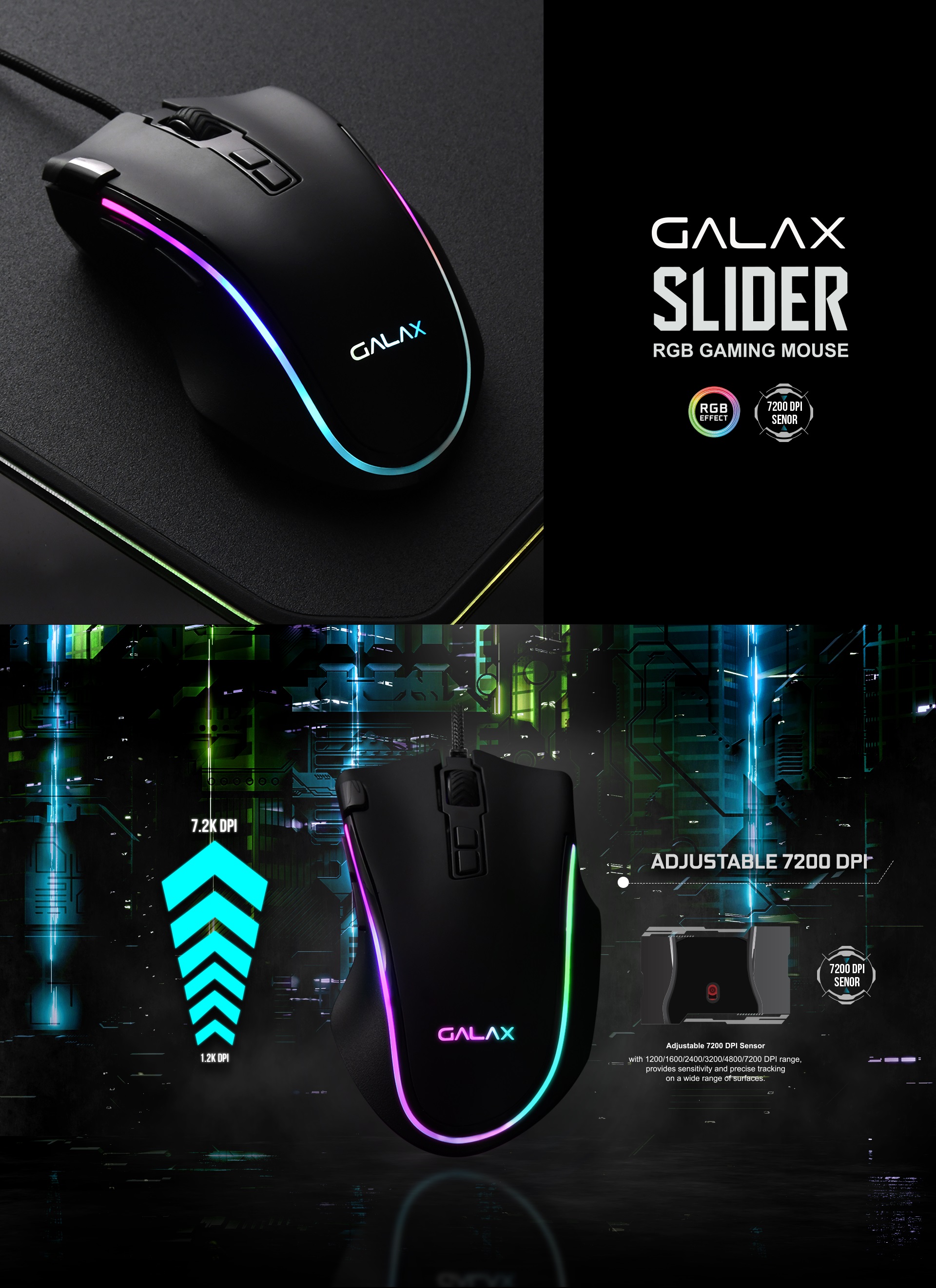 GALAX Slider 01 RGB Gaming Mouse 7200DPI/ RGB/ 8 Programmable Marco ...