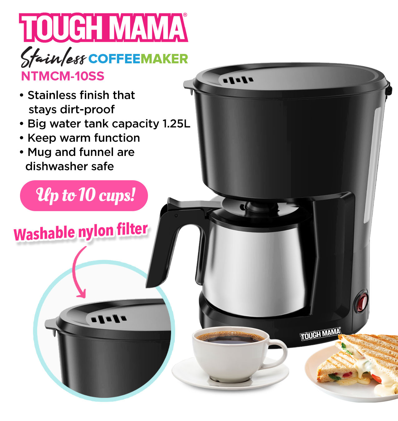 Tough Mama NTMCM-10SS Stainless Coffee Maker 10 cups Keep Warm Function ...