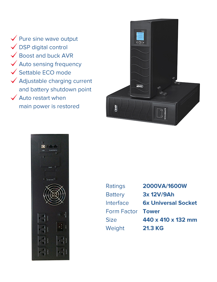 Ipason AWP ARC2000RT ArcPure 1600W-2000VA UPS Pure Sine Wave with AVR ...