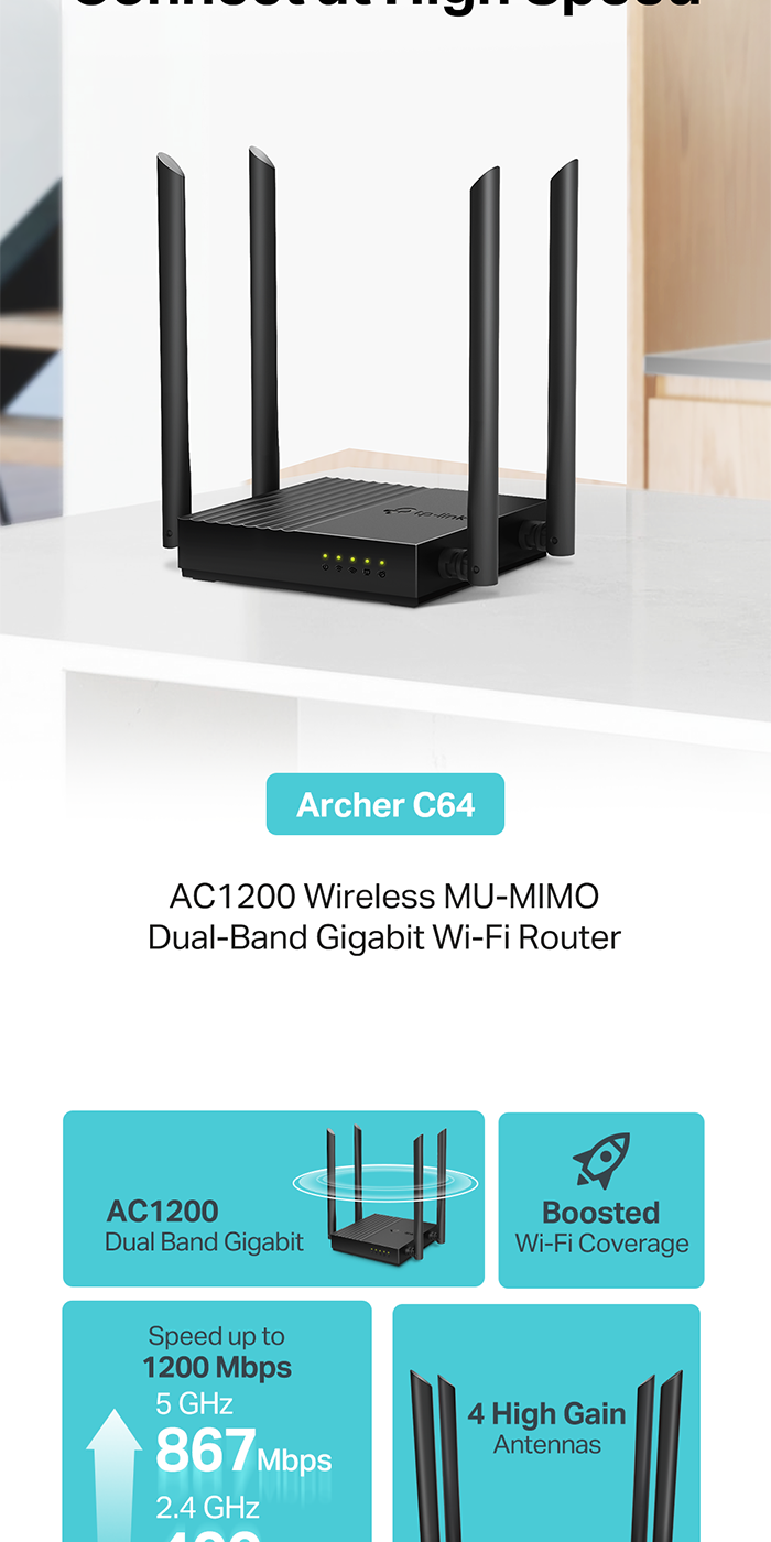 TP-Link | Archer C64 | Dual Band | AC1200 | MU-MIMO | Gigabit | Wi-Fi 5 ...