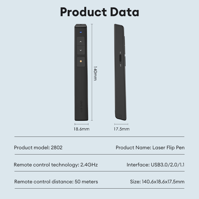 Deli 2802 USB Laser Pointer Wireless Presenter Remote Control Pen 50M ...